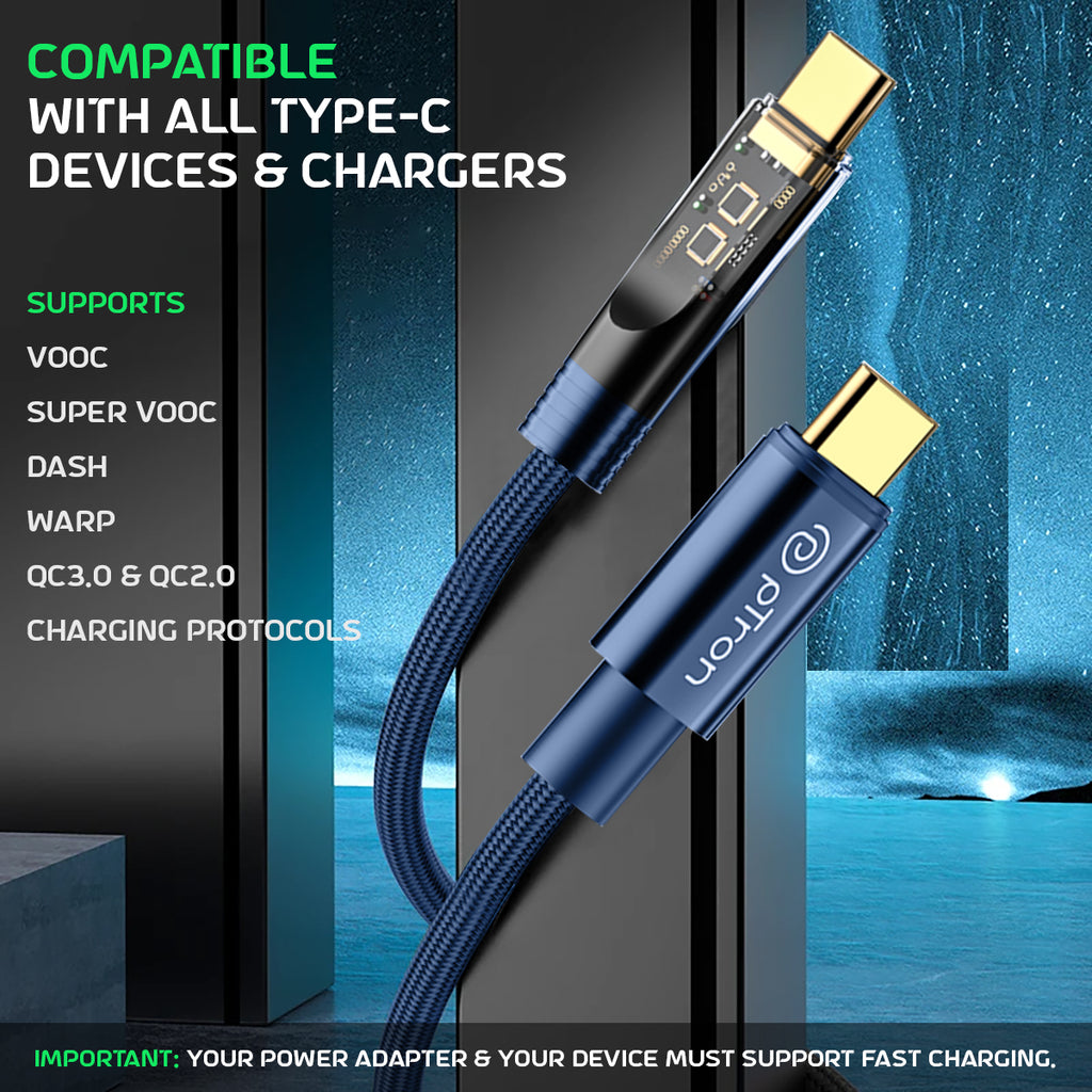 pTron Pace 80W Type-C to Type-C Cable 1M (Blue) - pTron India