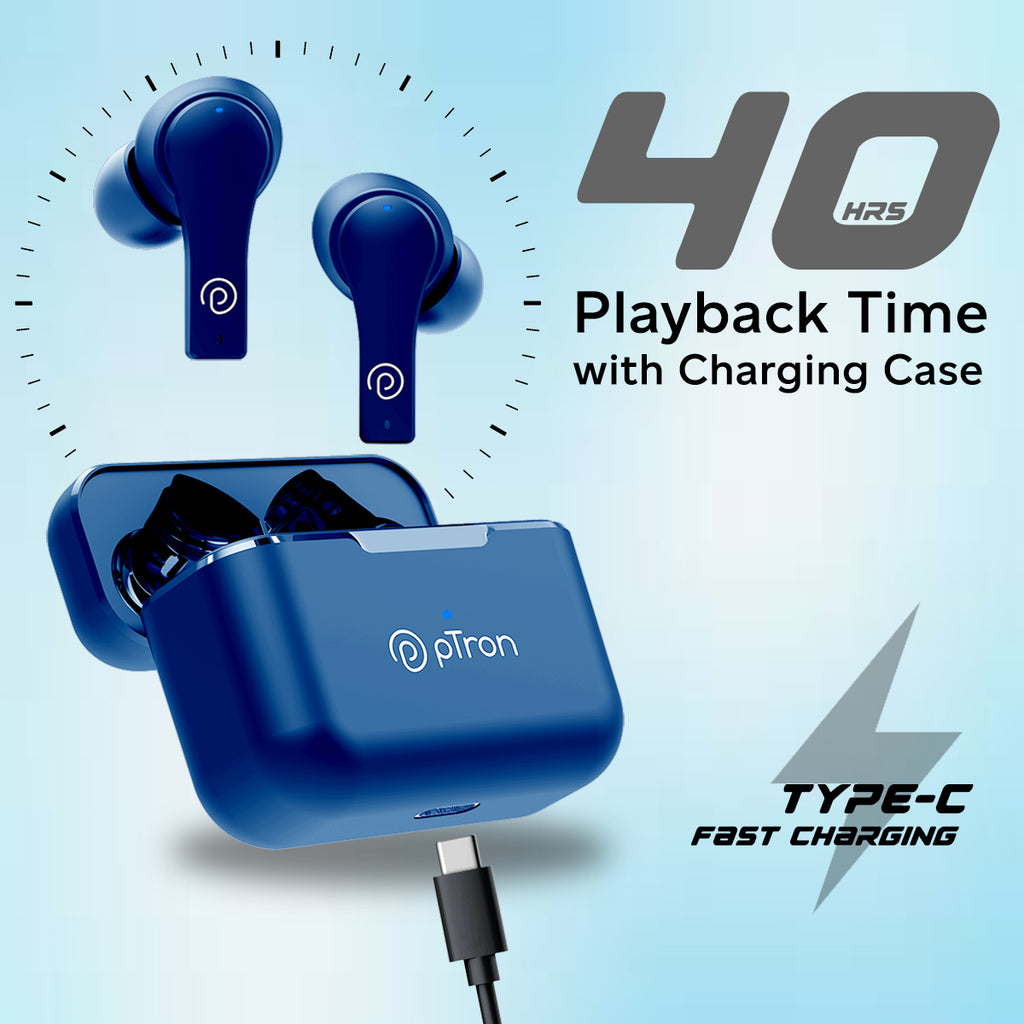 pTron Basspods Buds Plus AI-ENC TWS Earbuds (Blue) - pTron India