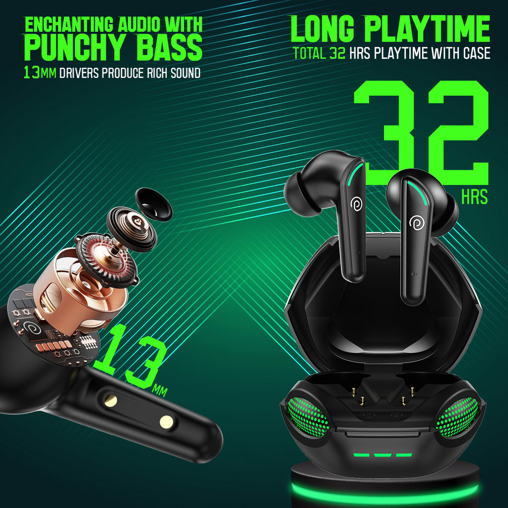 pTron Bassbuds Viper Gaming TWS Earbuds (Black) - pTron India