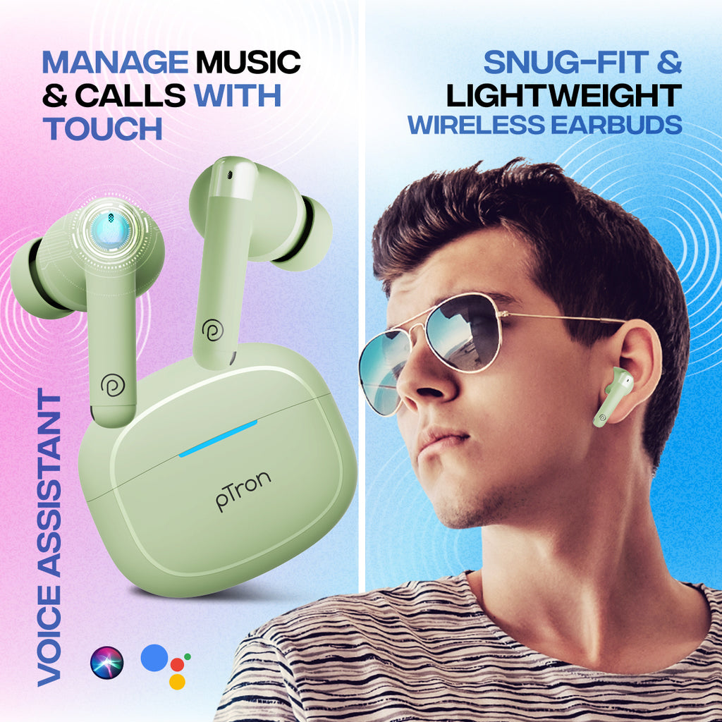 pTron Bassbuds Duo Pro TWS Earbuds with HD Mic (Light Green) - pTron India