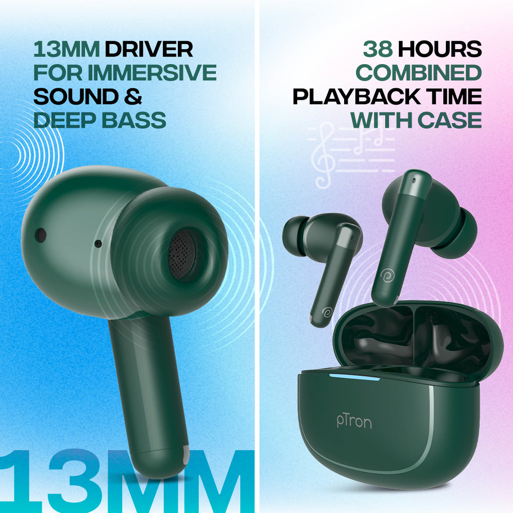 pTron Bassbuds Duo Pro TWS Earbuds with HD Mic (Green) - pTron India